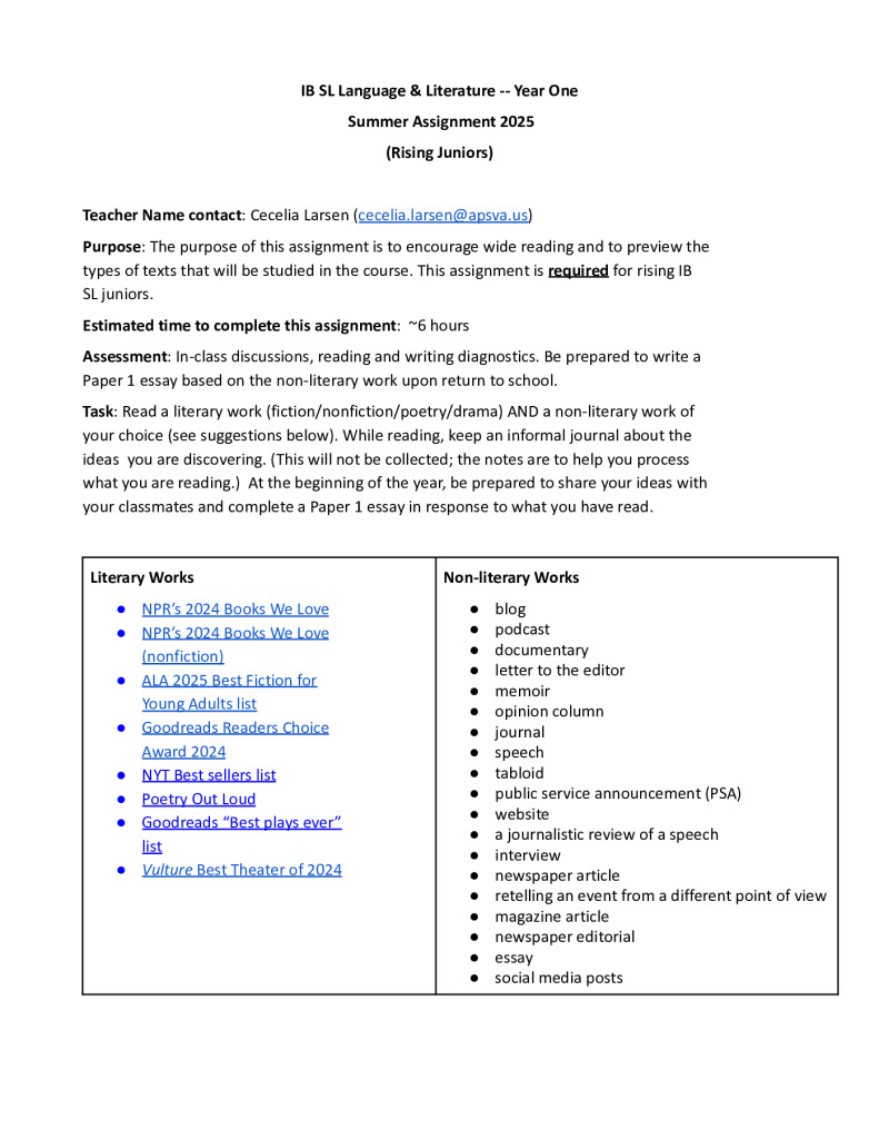 IB Lang & Lit Summer Assignment-Rising Juniors 2025-2026 - Cecelia ...