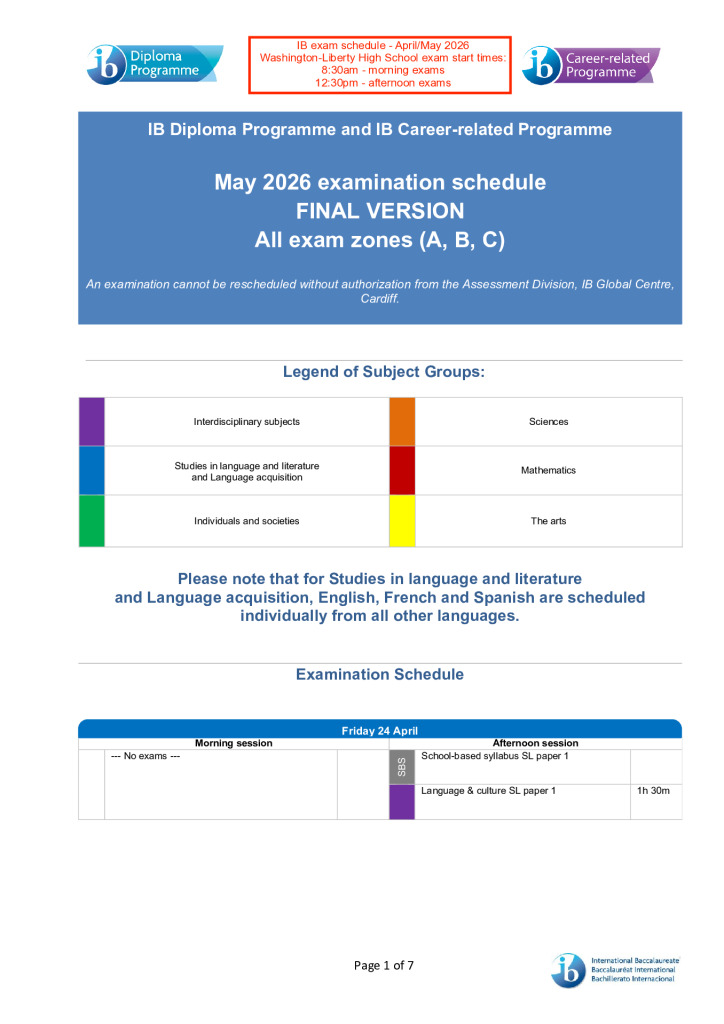 IB exam calendar May 2026 - Washington - Liberty